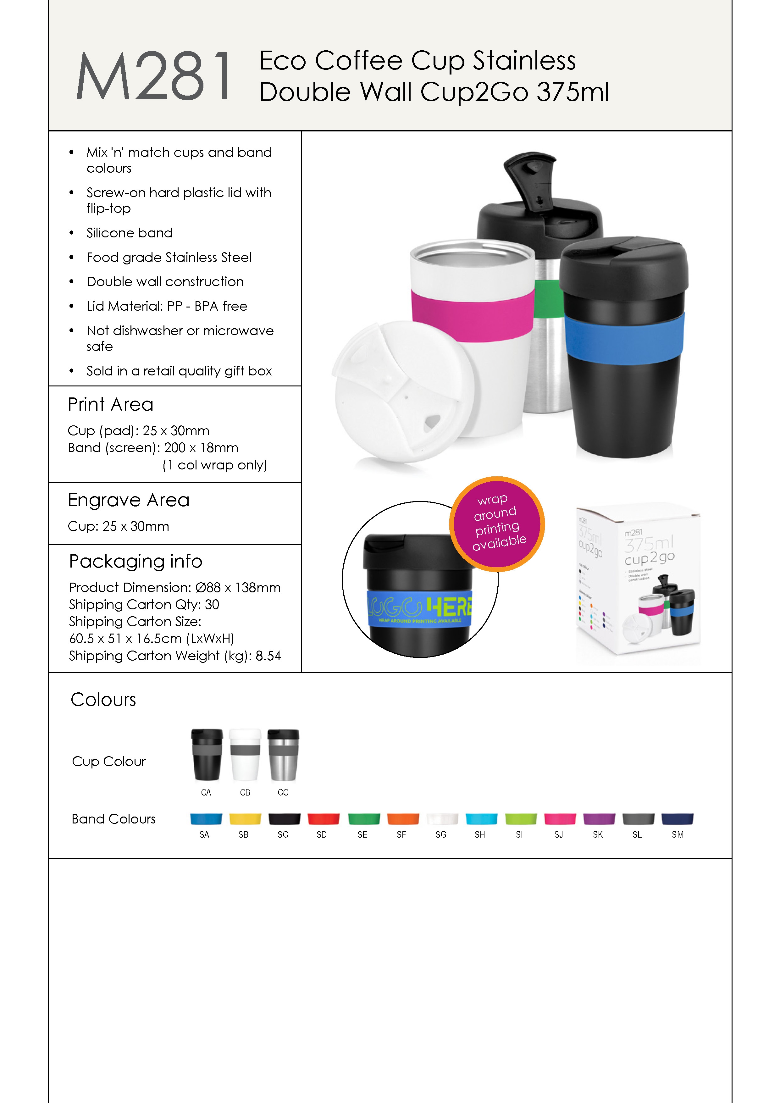 M281 Eco Coffee Cup Stainless Double Wall Cup2Go 375ml