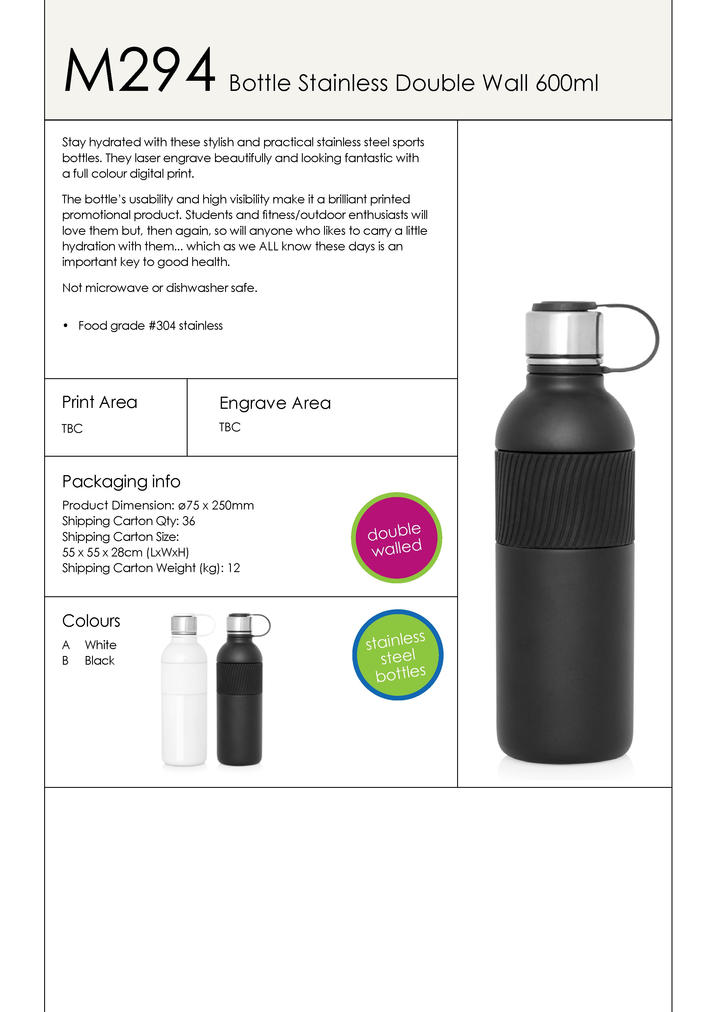 M294 Bottle Stainless Double Wall 600ml