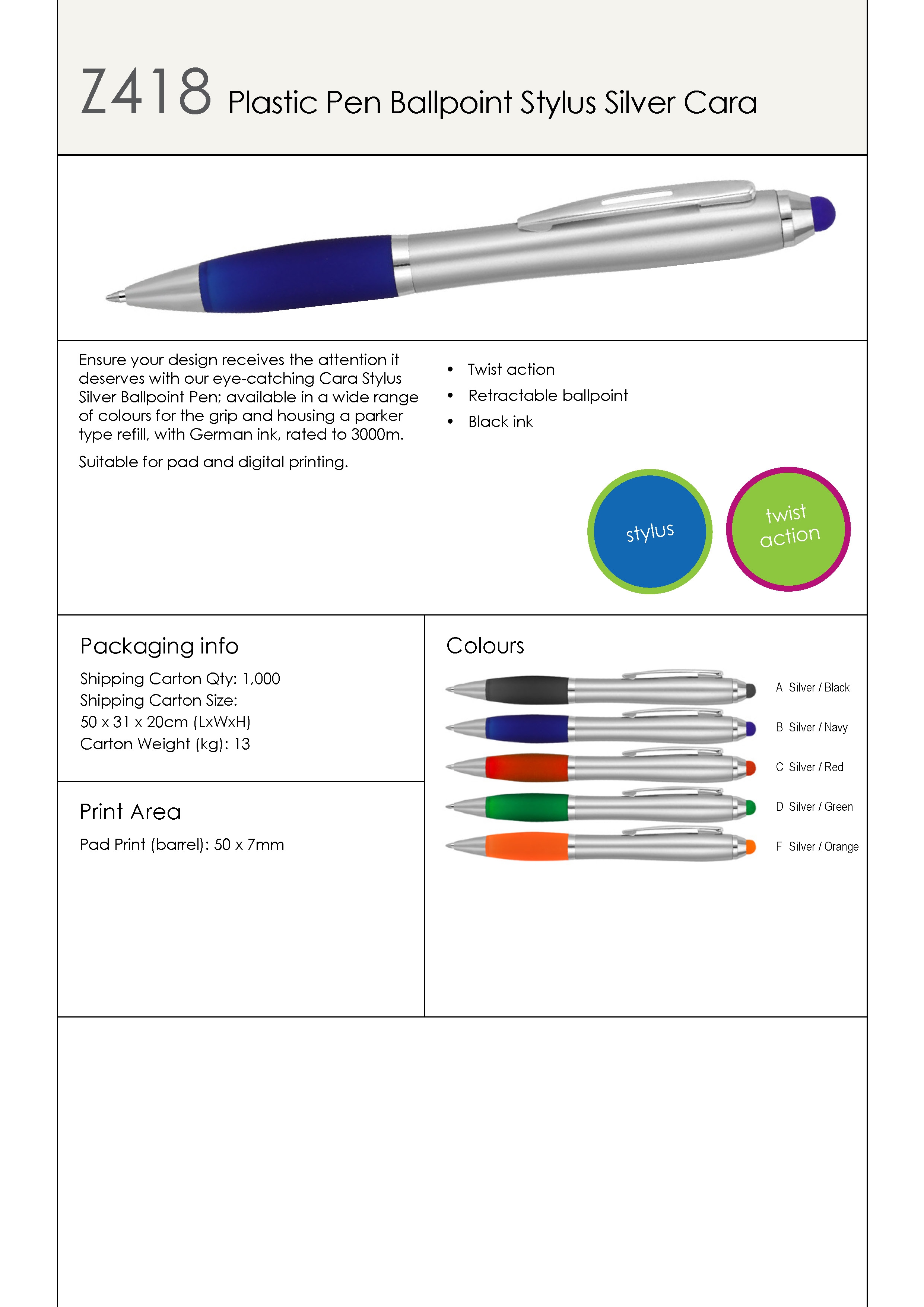 Z418 Plastic Pen Ballpoint Stylus Rubberised Grip Silver Cara